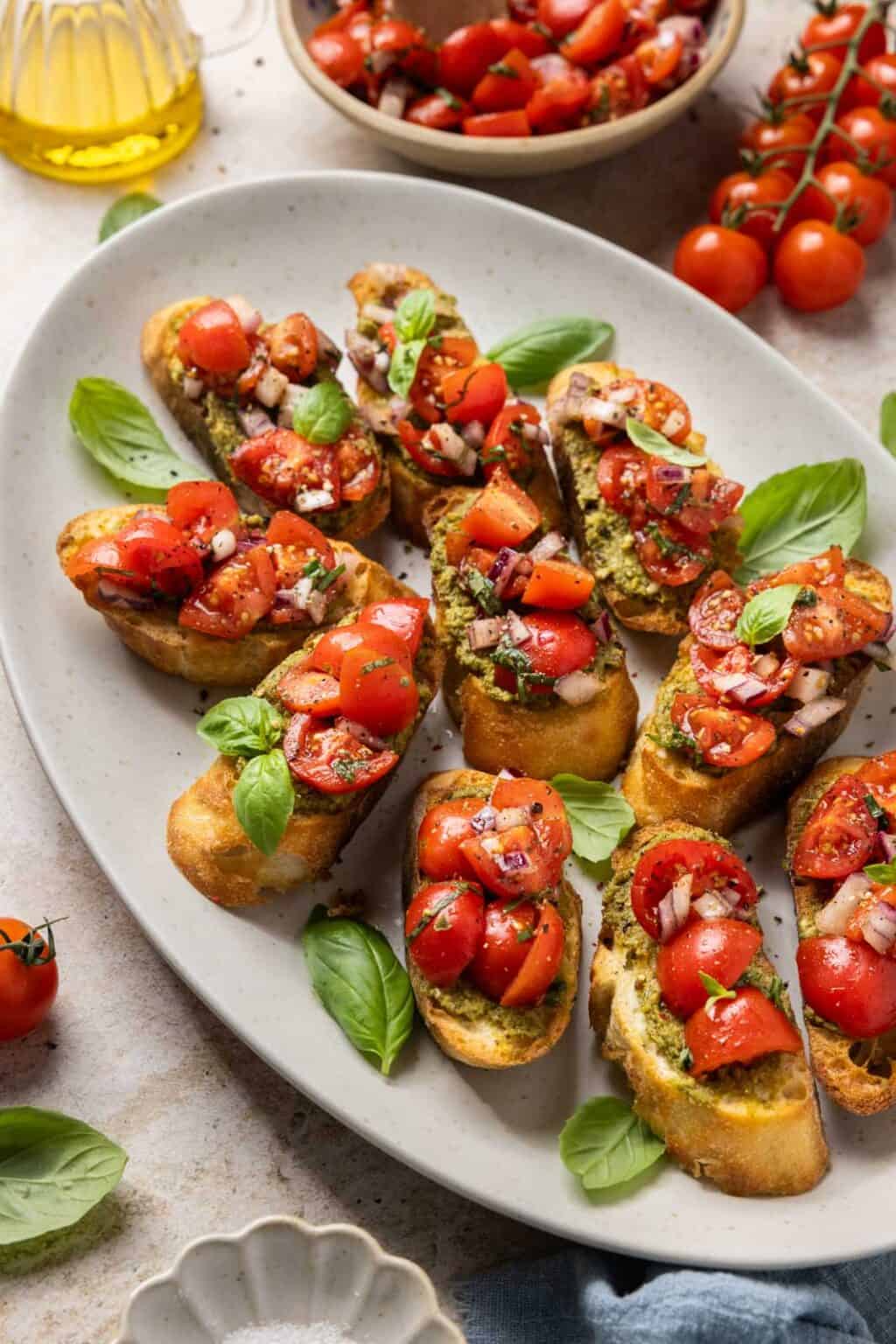 Italian Pesto Bruschetta Recipe (With Tomato and Basil)