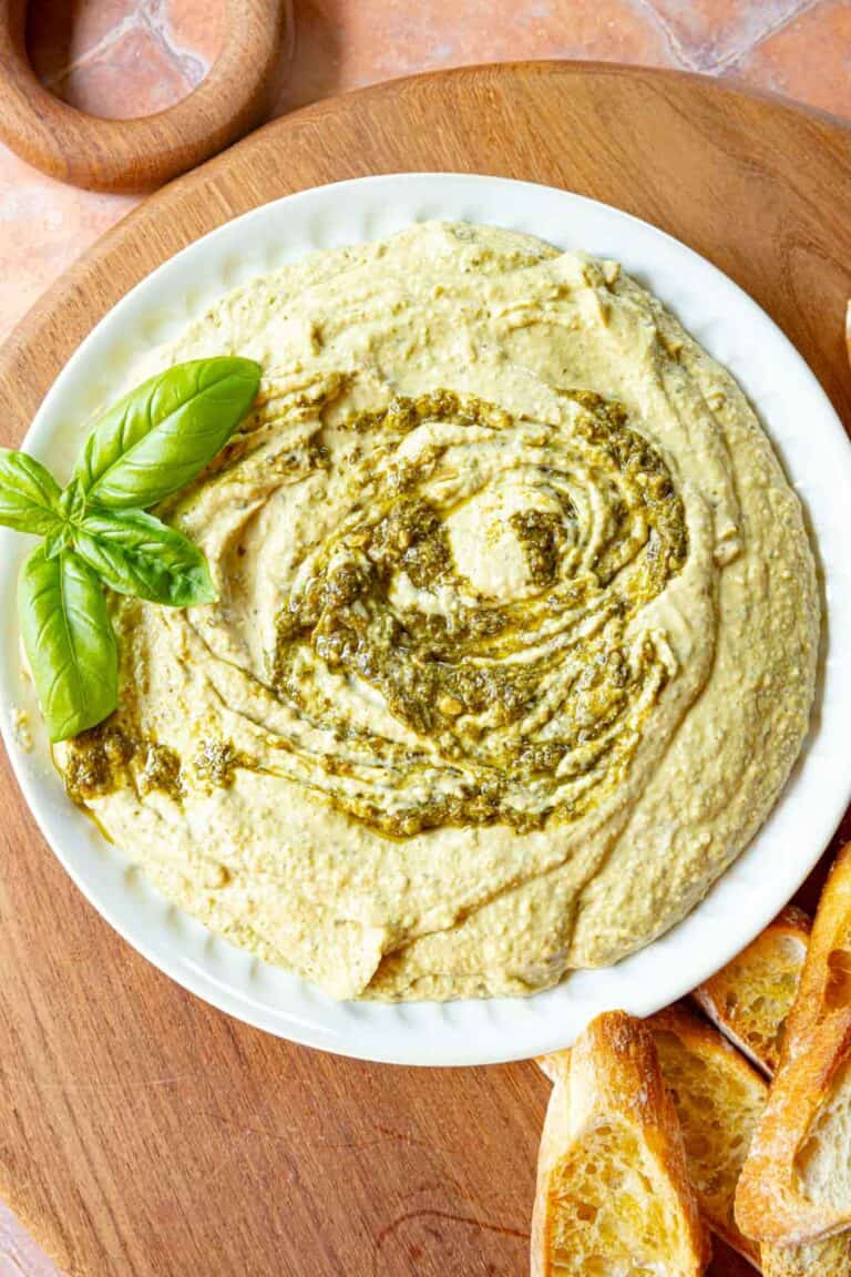 Easy Basil Pesto Hummus Recipe (Homemade Creamy Dip) - Seasoned and Salted