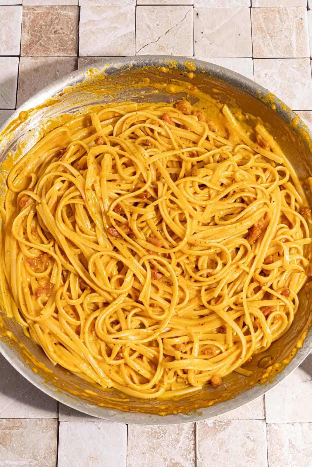 Creamy Pumpkin Carbonara Recipe with Crispy Guanciale - Seasoned and Salted