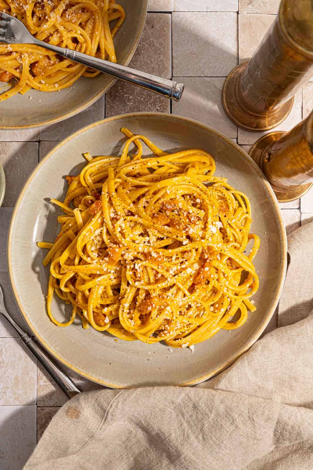 Creamy Pumpkin Carbonara Recipe with Crispy Guanciale - Seasoned and Salted