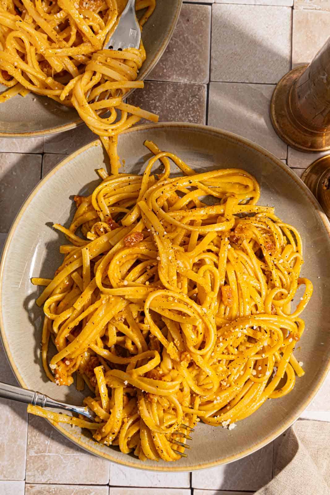 Creamy Pumpkin Carbonara Recipe with Crispy Guanciale - Seasoned and Salted