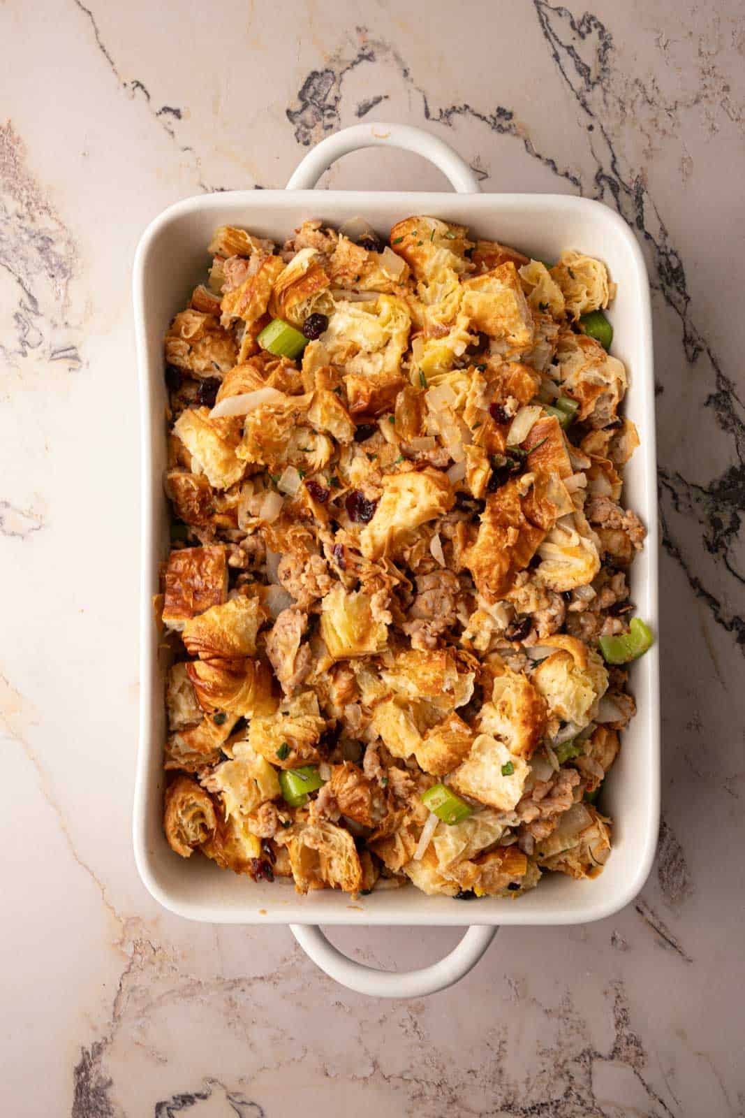 Easy Herby Croissant Stuffing Recipe with Sausage - Seasoned and Salted