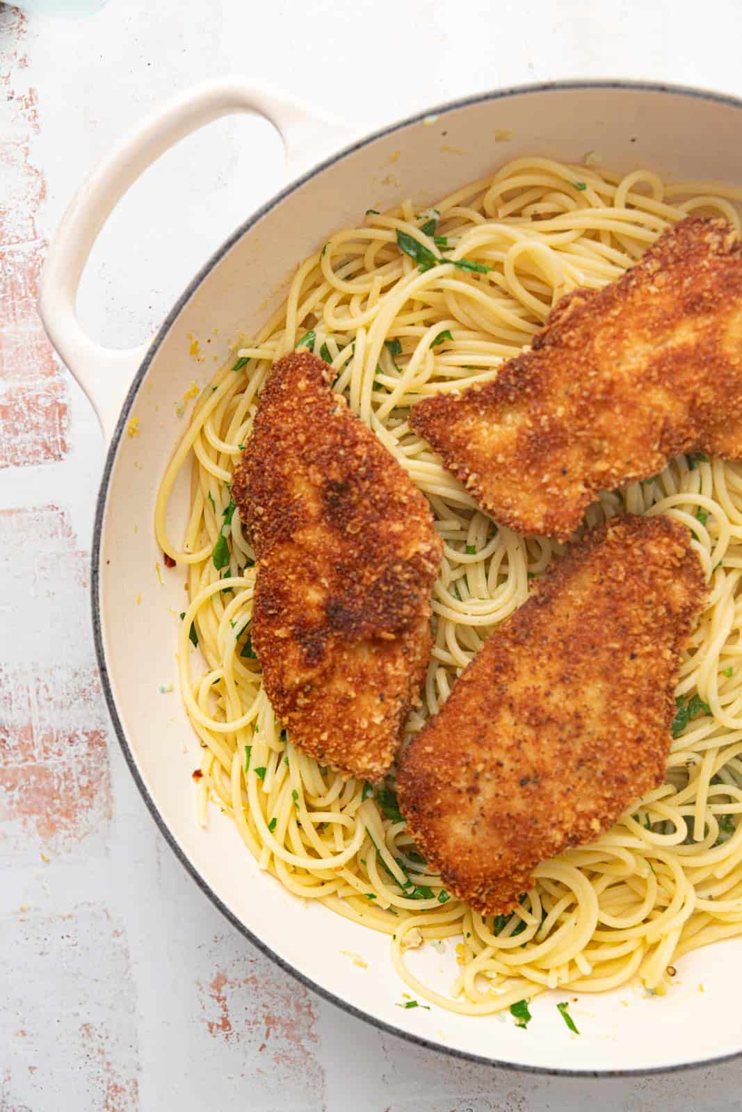 Italian Chicken Milanese Pasta (Easy Lemon Spaghetti) - Seasoned and Salted