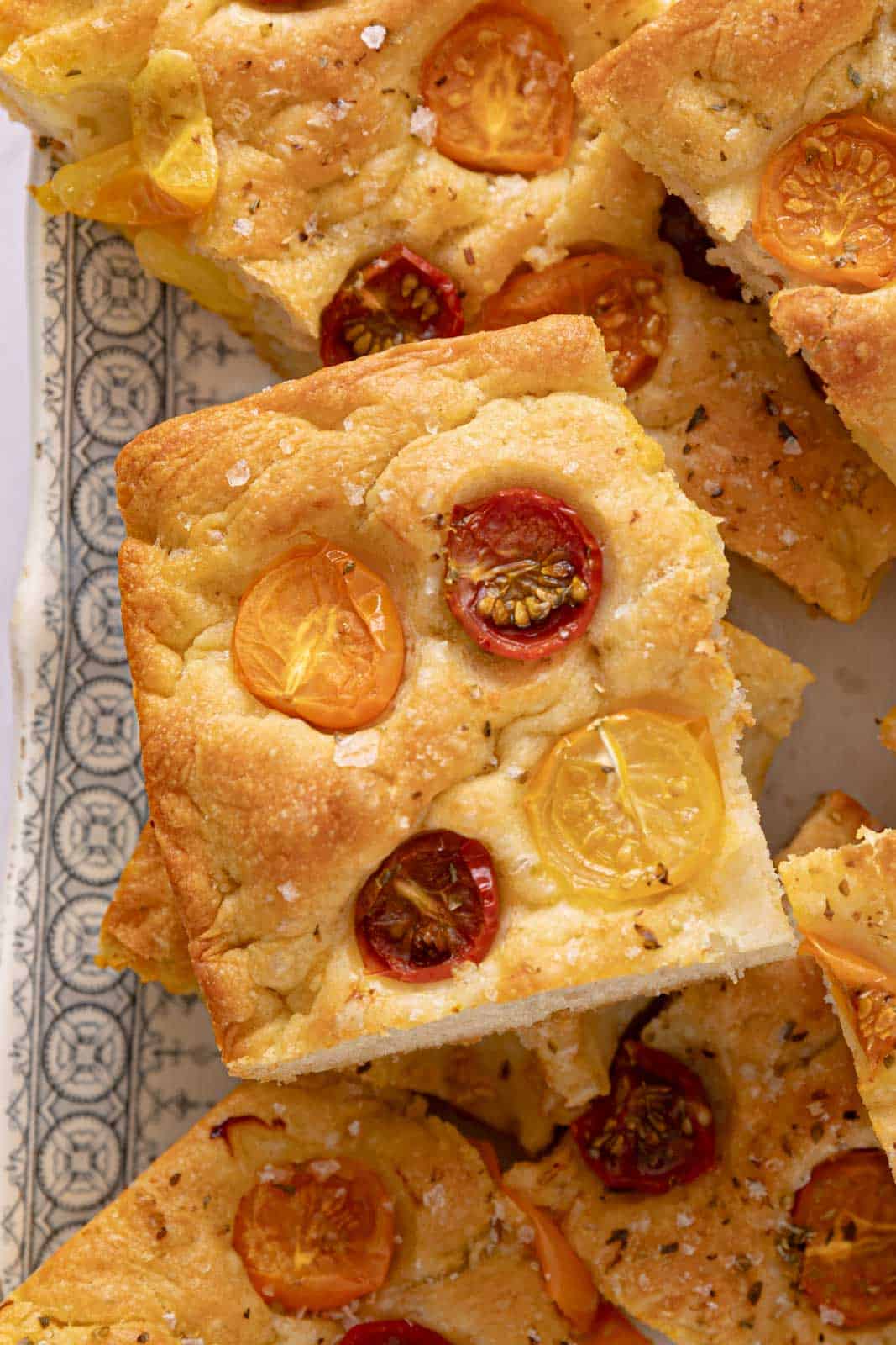 Cherry Tomato Focaccia Bread Recipe with Rosemary - Seasoned and Salted
