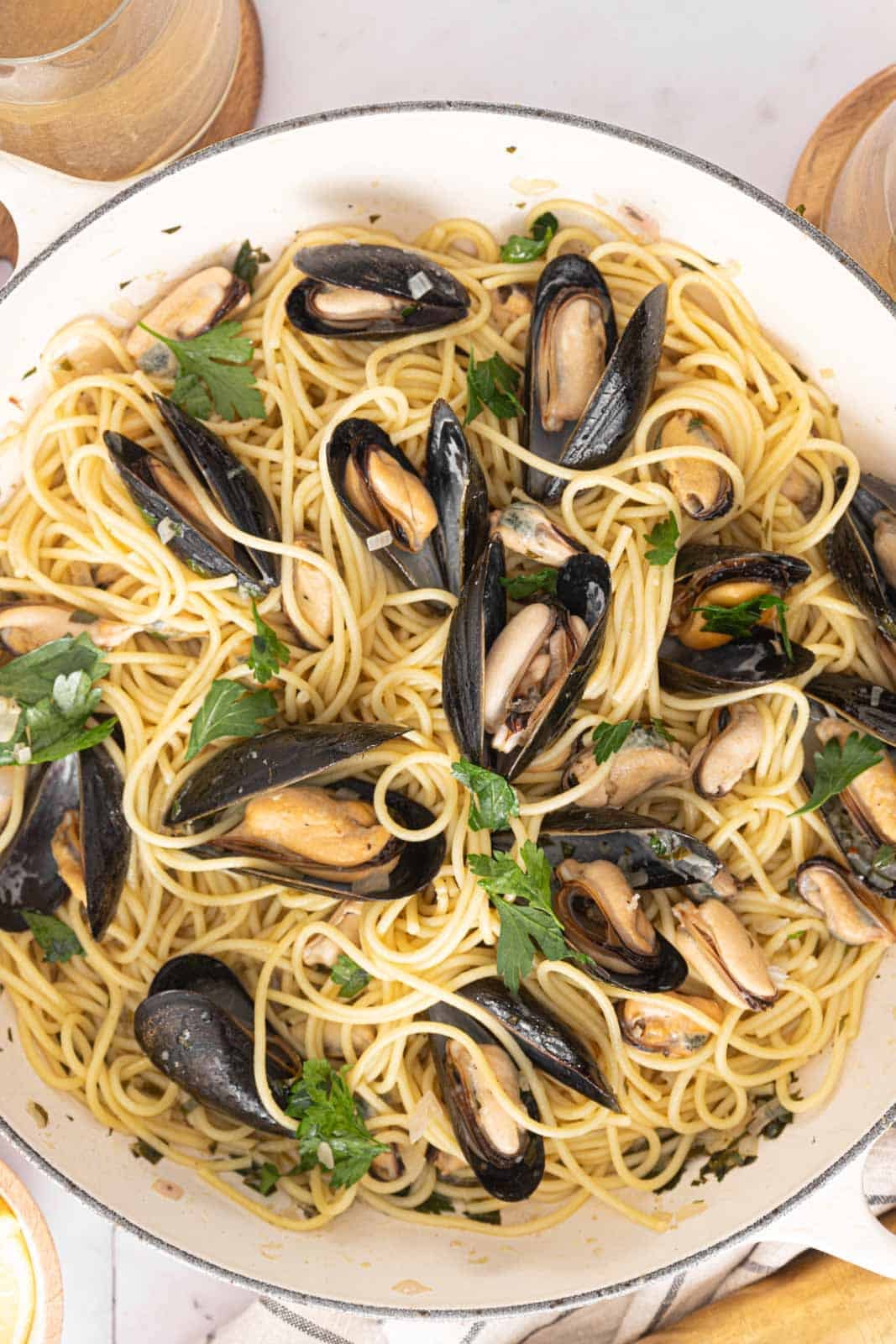 Pasta with Mussels (With Garlic White Wine Sauce) - Seasoned and Salted
